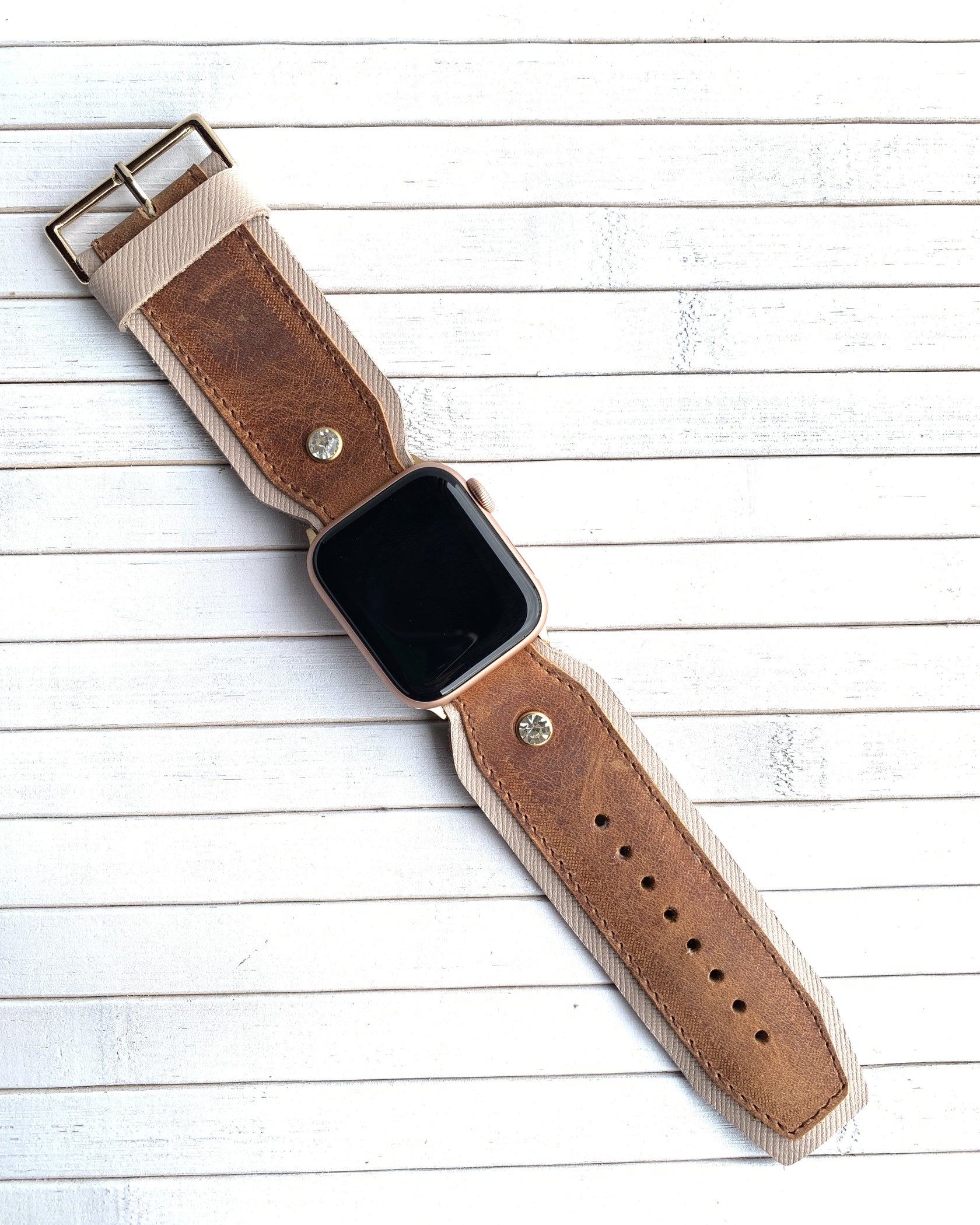 Authentic Crazy leather Diamond studded watch strap